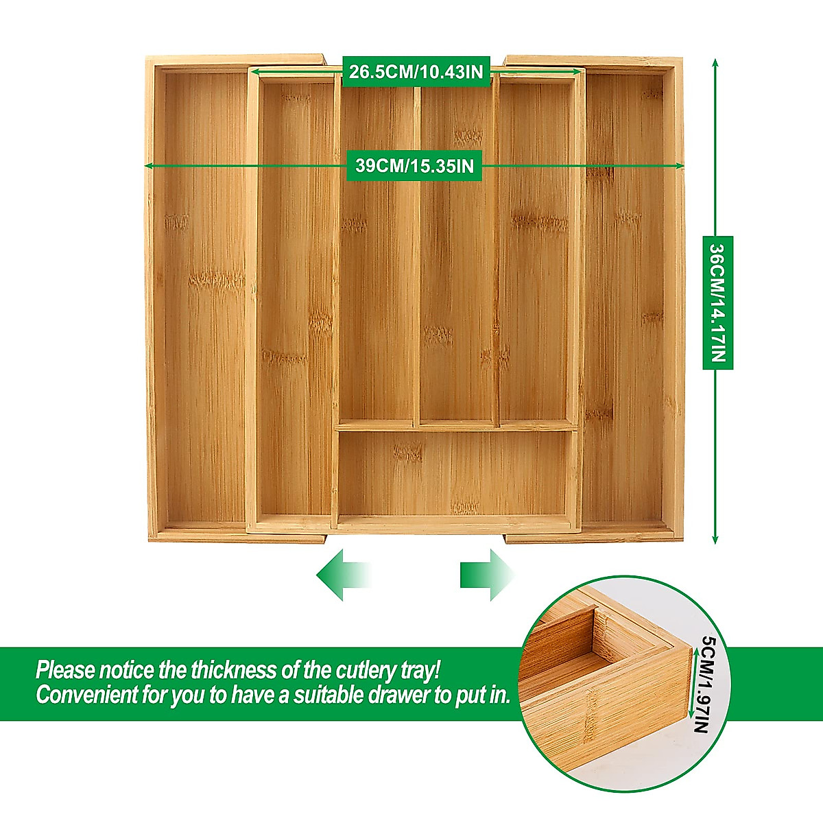 BIGTREE Bamboo Cutlery Expandable Drawer Organizer, Silverware Tray Organizer, Recessed Dividers, Wooden Drawer Divider Organizer, Adjustable Size to 15.35 x 14.17 x 1.97 Inches for Kitchen Utensils.