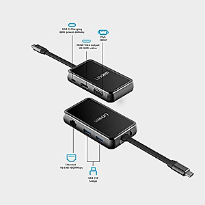 USB C Hub, LINKWIN 6 in 1 Tempered Glass USB C Multiport Adapter, USB C to HDMI, VGA, 2 USB 3.0 Ports, USB C Charging, RJ45 Gigabit Ethernet, USB C Dock Dongle Compatible Apple MacBook Pro 13 (Black)