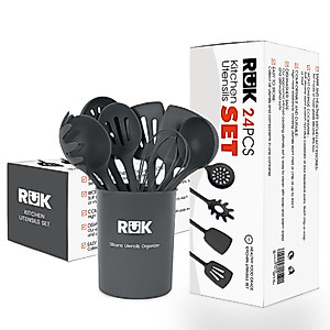 Kitchen Utensils Set, 24 Pcs Silicone Cooking Baking Spatula Spoon Utensils Sets with Holder for Nonstick Cookware, 446°F Heat Resistant, Kitchen Gadgets Tools Essentials for New Home, Dishwasher Safe