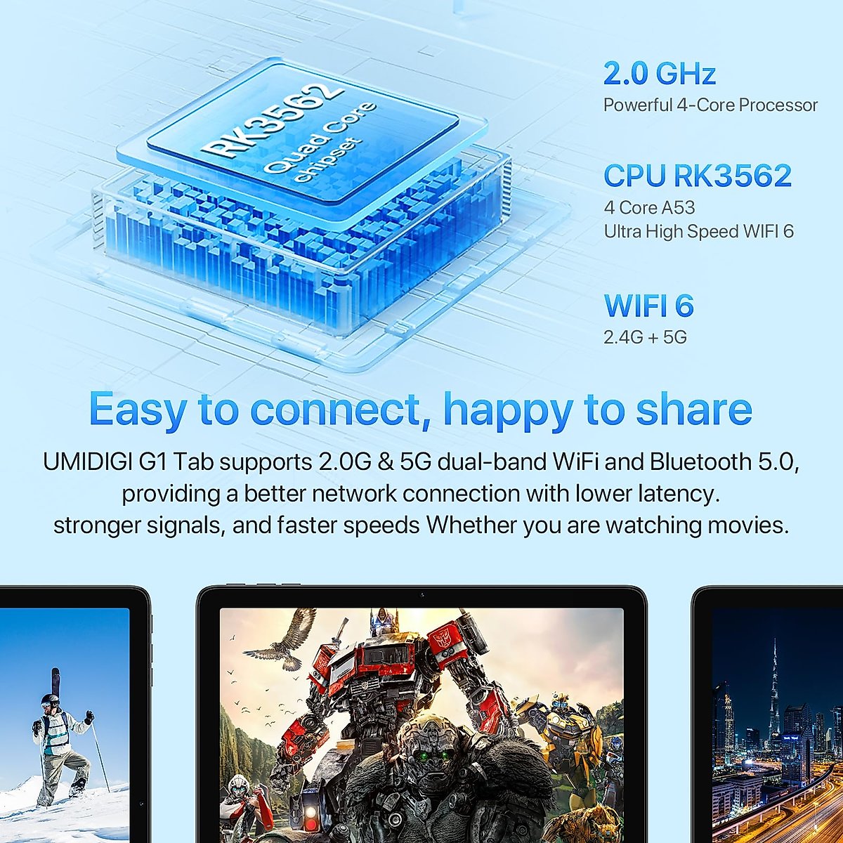 UMIDIGI G1 Tab Android 13 Tablet 2024, 8（4+4） GB+64GB 1TB Expand, Wi-Fi 6 Model, 10.1 inch Tablet with Quad-Core Processor up to 2.0 GHz, 6000mAh, Dual Camera, BT, 1280 * 800 HD IPS Touch Screen