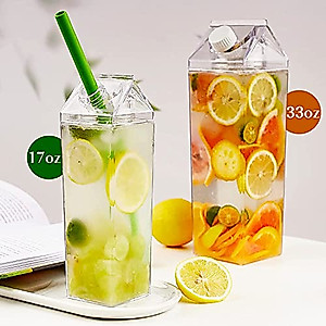 ZORRITA 2 Pack 17oz Milk Carton Water Bottles Clear Plastic Square Water Bottles with Straw, Brush and 50pcs Stickers Reusable for Juice, Ice Water