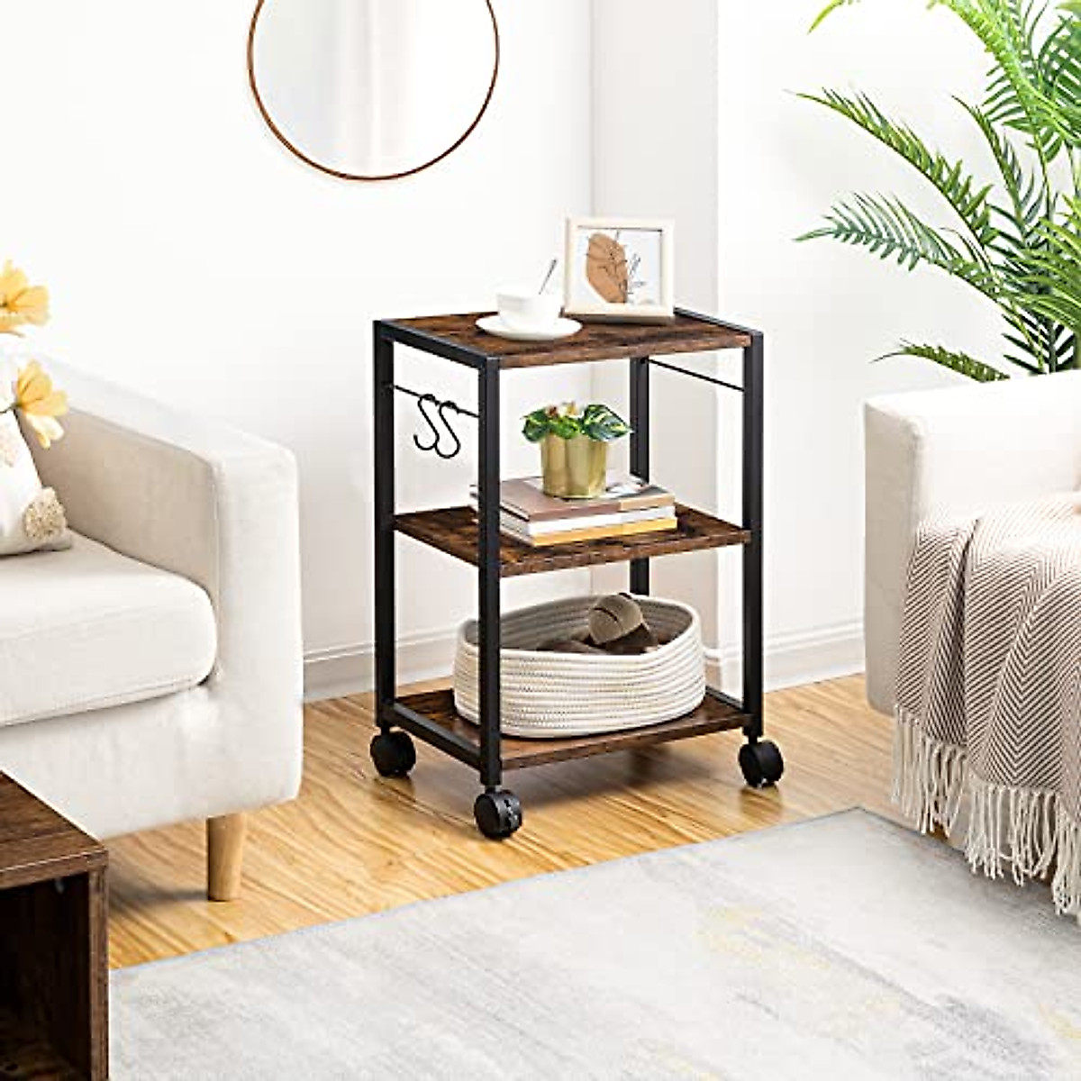 ALLOSWELL Mobile Printer Stand, 3-Tier Printer Cart Under Desk with Storage, Industrial Rolling Cart with 2 Hooks, Sturdy Little Cart on Wheels for Home Office, Rustic Brown and Black PTHR4001