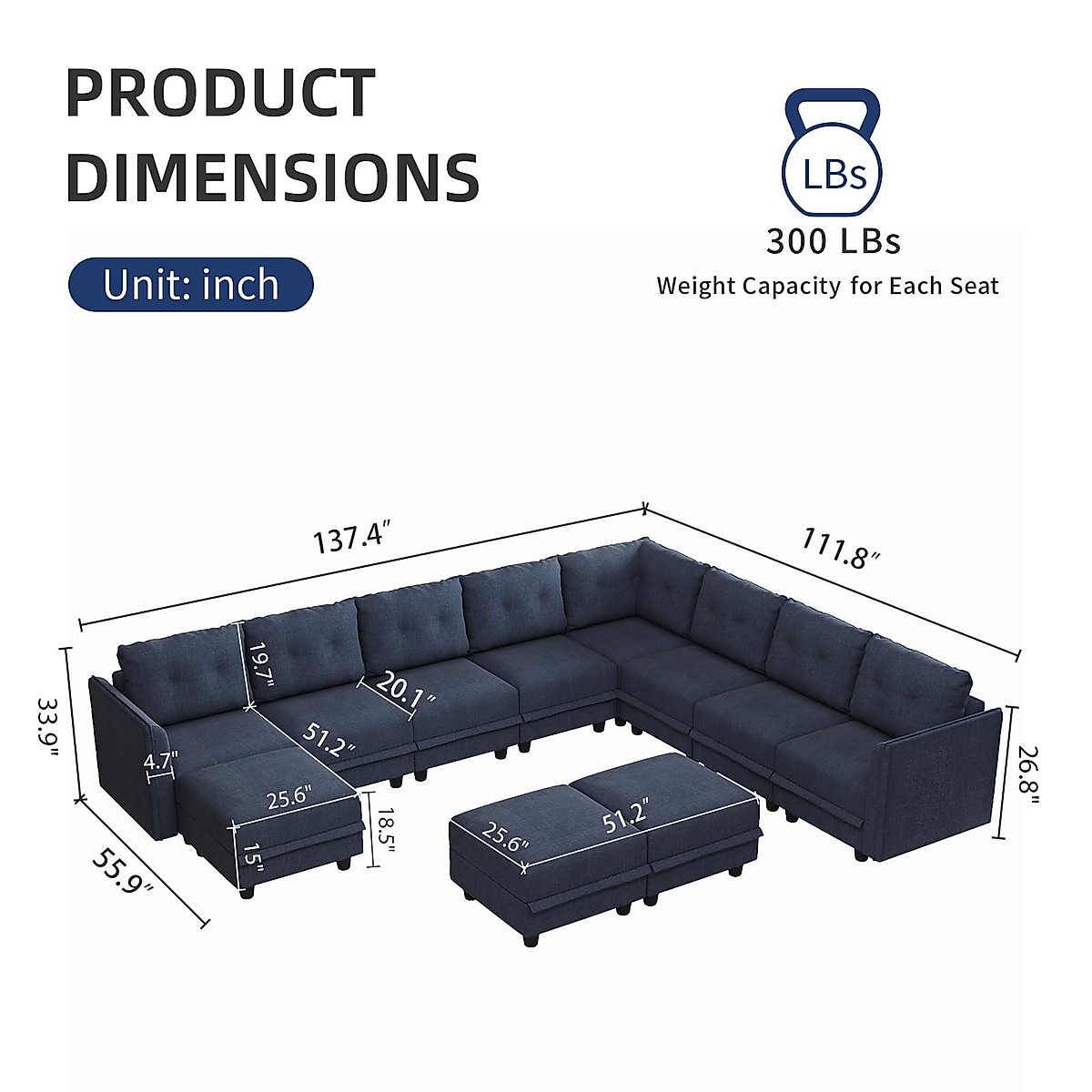 LLappuil Modular Sectional Sofa with Storage Oversized U Shaped Couch with Reversible Chaise Luxury Velvet Sofas for Living Room 9 Seats with 2 Ottomans Denim Blue