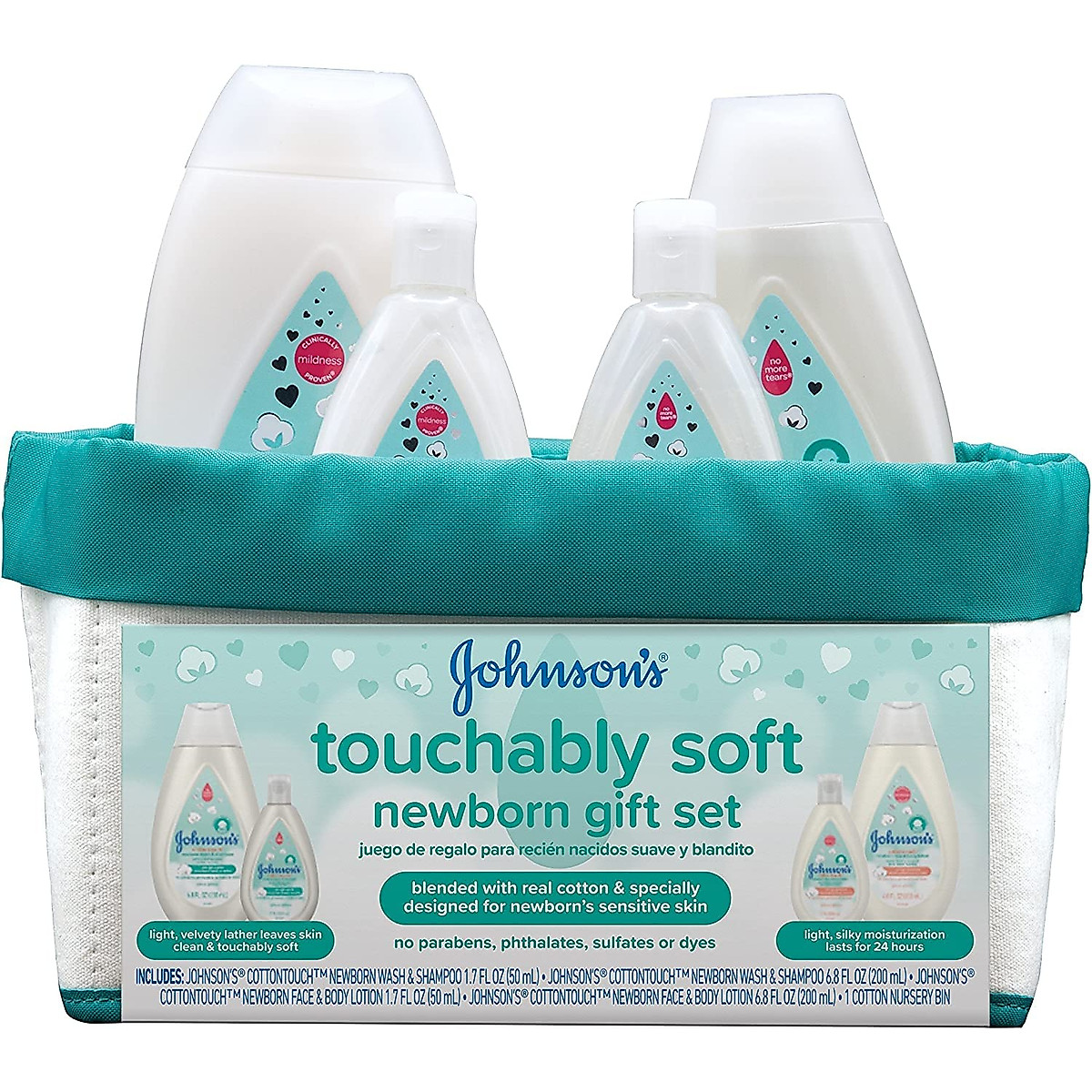 Johnson's Touchably Soft Newborn Baby Gift Set for New Parents, Baby Bath & Skincare Essentials for Newborn Skin, Hypoallergenic, Free of Paraben, Sulfates, and Dyes, 5 Items