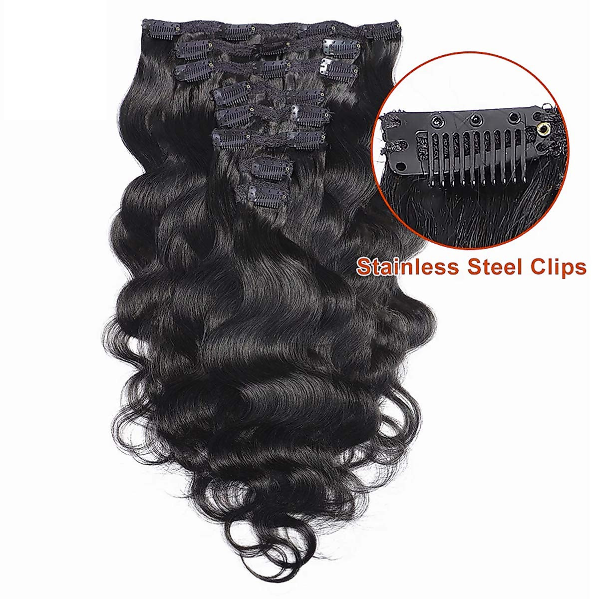 Kislemon Clip in Hair Extensions #1B Natural 10A Body Wave 100% Unprocessed Virgin Human Hair Cheap 8 Pieces/Lot 125g with 16 Clips(26 Inch)