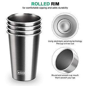 koodee Stainless Steel Cups(4 Pack) 16 oz Pint Tumbler Stackable Metal Drinking Glasses for Camping, Outdoors（Sky Blue-Baby Blue-Pink-Teal）