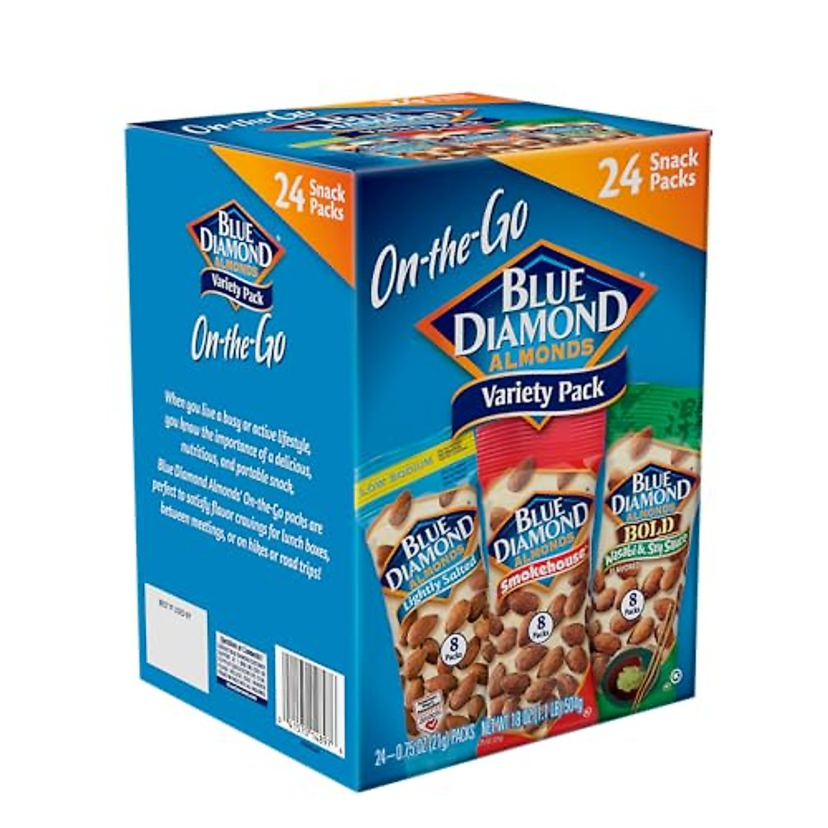 Blue Diamond Almonds Snack Nut Variety Pack for Kids, Office, School, On-the-go, 0.75 oz Gluten Free Individual Packs, Wasabi & Soy Sauce, Lightly Salted, and Smokehouse (Pack of 1,24 Count Total)