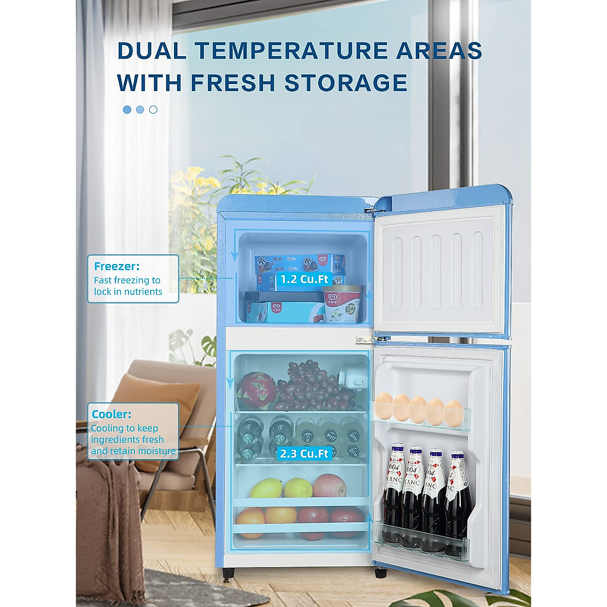KRIB BLING Compact Refrigerators with Freezer on Top, Mini Fridge with 7- Level Adjustable Thermostat, Small Refrigerator for Apartment, Office, Camping, Blue