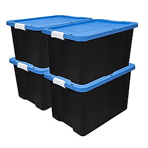 27 Gallon Heavy Duty Latching Plastic Storage Bin Container, Durable Stackable Storage Container With Lid Plastic Storage Box Tote Crate for Garage Storage, Moving Boxes, Black, Set of 4