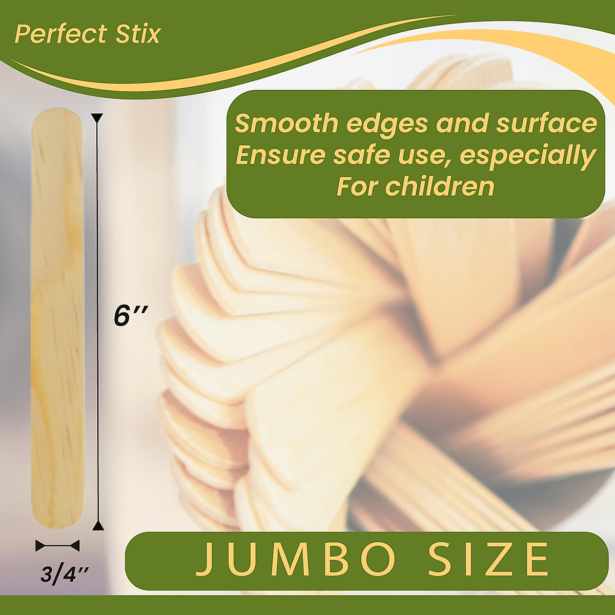 Perfect Stix Wooden Poplar Wood Craft Sticks. Jumbo Size, 6 x 3/4, Wood, Natural Poplar Wood, 500Ct. Multipurpose Craft, Popsicles, Waxing, Arts and Crafts.