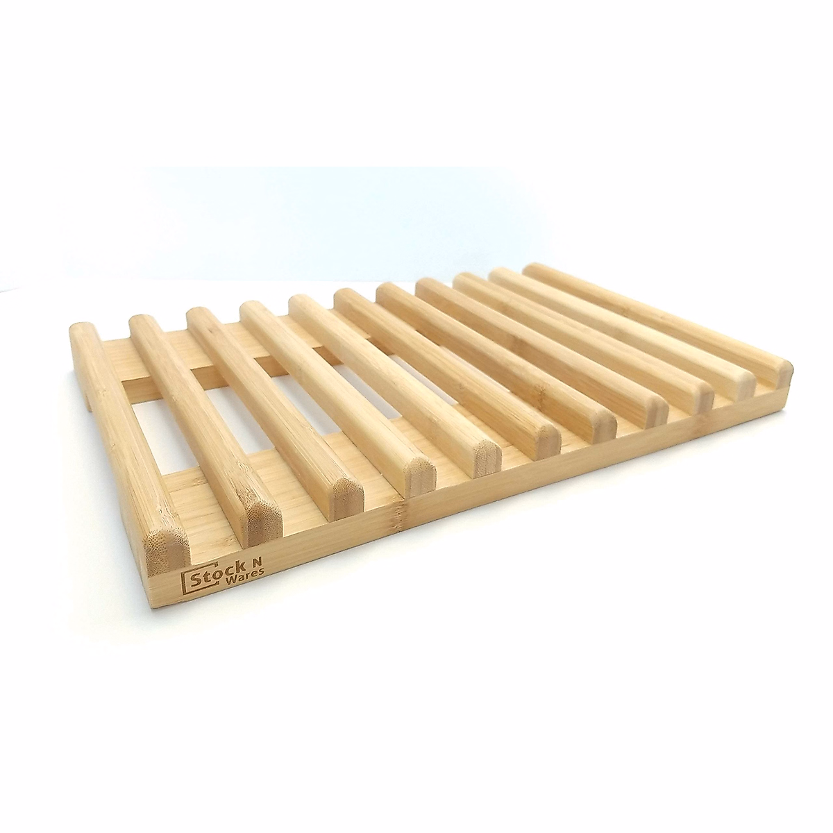 Stock N Wares Bamboo Dish Rack, Regular(0.8" Holder Width 10 Slots), Stylish Low Profile Plate Stand, Dish Drying Rack, Cabinet Plate Stand, 15.56" Lx10 Wx1.38 H (39.53cmx25.40cmx3.49cm)