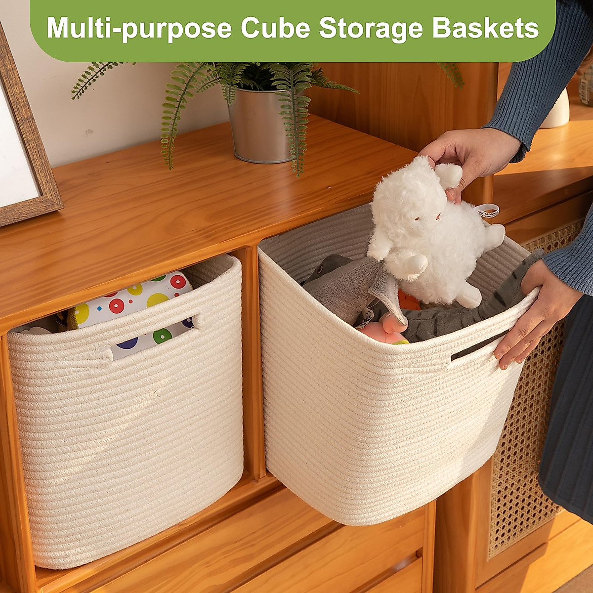 SIXDOVE Storage Cubes Cotton Rope Woven Baskets for Organizing, 3-Pack 11 * 11 Inches Shelf Storage Basket|Cube Storage Bin|Square Baskets, Living Room, Baby Room-White