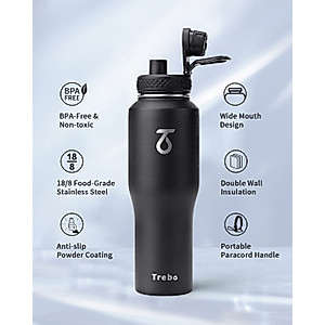 Trebo Water Bottle 32oz with Paracord Handle,Food-grade Double Wall Vacuum Stainless Steel Insulated Tumbler Flask with Straw Spout Lids,Leakproof Keep Cold & Hot,Fit in Any Car Cup Holder,Black
