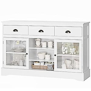 FOTOSOK Modern Buffet Sideboard Cabinet with 2 Glass Door, 3 Drawers and Adjustable Shelves, Kitchen Cupboard Console Table Coffee Bar Cabinet for Dining / Living Room