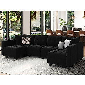 Belffin Modular Sectional U-Shaped Sofa Couch, Oversized Sectional Sleeper Sofa with Chaise and Ottoman, Modular Sofa Set with Stoarge Seat, Black