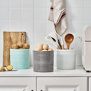 Kitchen Utensil Holder for Countertop 5.9 inch Porcelain Utensil Crock for Kitchen Deep and Large, Turquoise