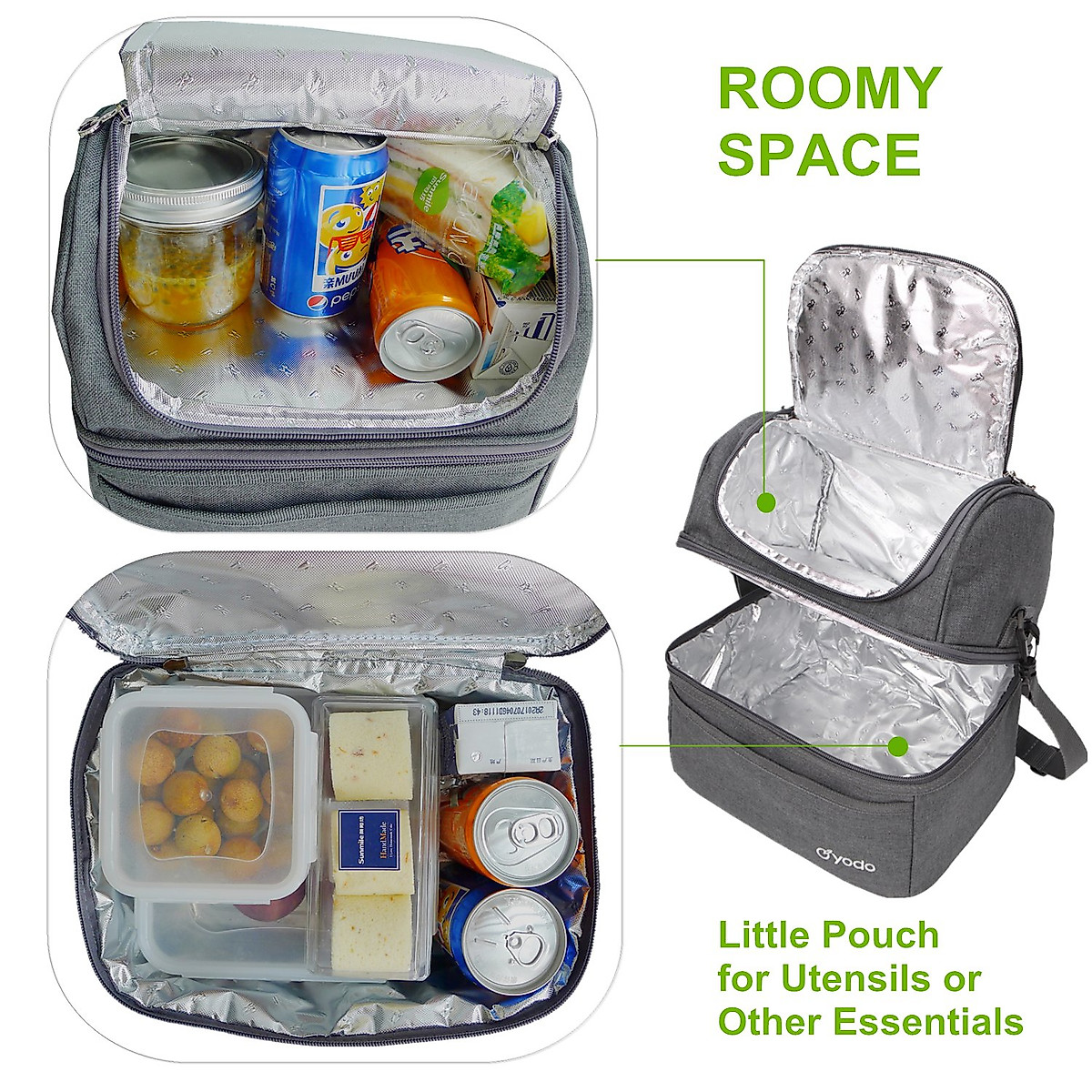 yodo Large Lunch Bag Double Layer Cooler Tote Bag for Adult Women and Men - Idea for Beach, Picnics, Road Trip, Meal Prep, Everyday Lunch to Work, Gray