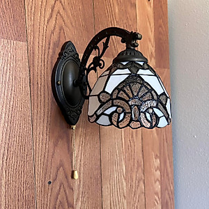 enjoy decor lamps Tiffany Armed Sconces White Stained Glass Baroque Style Lavender Pull Chain Switch LED Bulb for Bedroom Living Room 6" W*11" D*9" H