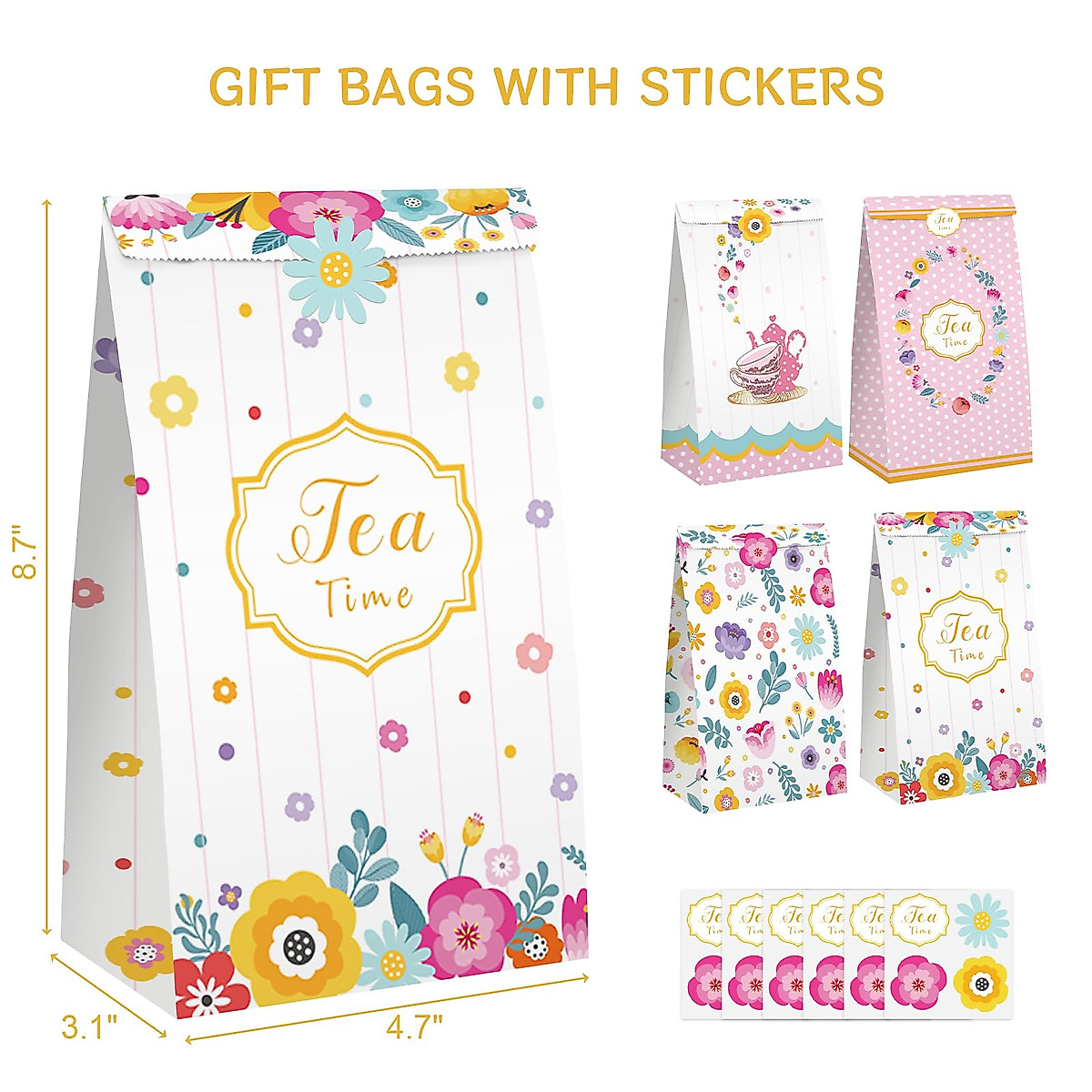 HONEYGIFTS 24PCS Party Favor Bags,Tea Party Favor Bags with Stickers, 5 x 3 x 8.7inches Candy Bags Floral Gift Bags Treat Bags Goodie Bags for Kids Girls Birthday Party