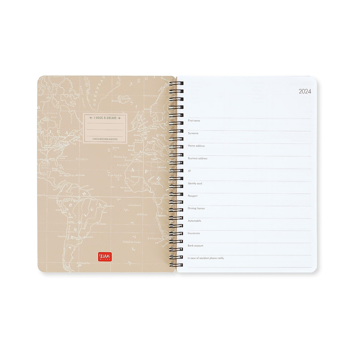 Legami - Spiral Large Weekly Planner, 12 Months, from January 2024 to December 2024, Folding Planner 2024/2025, Elastic Closure, Final Pocket, Address Book, 15 x 21 cm, Travel Theme