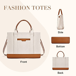 Missnine Tote Bag Canvas Laptop Bag 15.6 inch Briefcase for Women Large Capacity Handbag for Office, College, Travel (Brown+Beige)