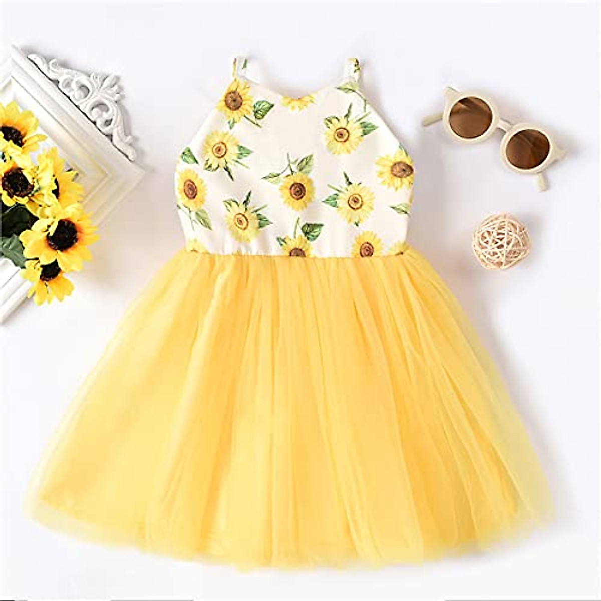 Toddler Baby Girls Summer Dress Sunflower Straps Princess Tulle Tutu Dress Sundress