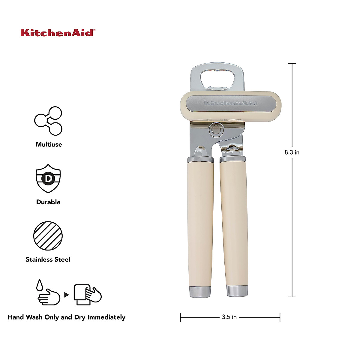 KitchenAid Classic Multifunction Can Opener and Bottle Opener Easy to Use, Razor Sharp Stainless Steel Cutting Wheel, Soft Ergonomic Handles, Almond Cream