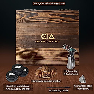 Cocktail Smoker Kit with Torch and Wood Chips for Whiskey and Bourbon (Butane Not Included) - Charred Artisan Smoke Lid, an Old Fashioned Drink Smoker Kit and Whiskey Smoker Infuser Kit (Oak)