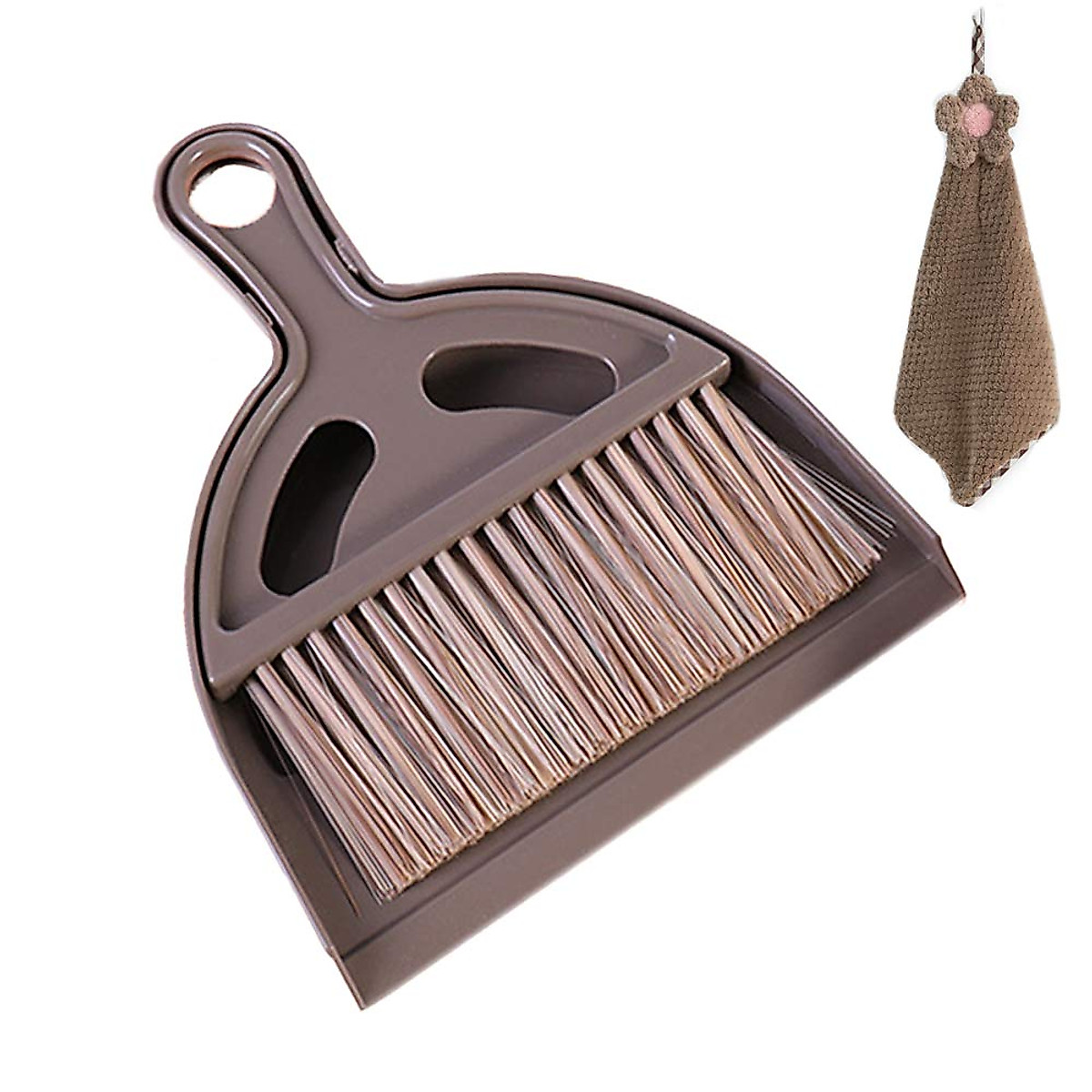 meioro Mini Broom Dustpan Set Cute Little Whisk Broom Hand Brush and Dust Pan, Small Cleaning Sweeper Broom for Desk Keyboard Car Camping Kids Cat Dog-Kitchen Towel Included (Brown)