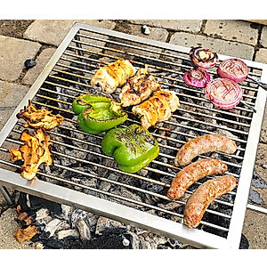 SpitJack Indoor and Outdoor Portable Camping Grill and Fireplace Gridiron. Tuscan Campfire Cooking Grate for Open Wood Fire and Charcoal Firepit. All Stainless - 300 Sq. In. Grate. Adjustable Legs.