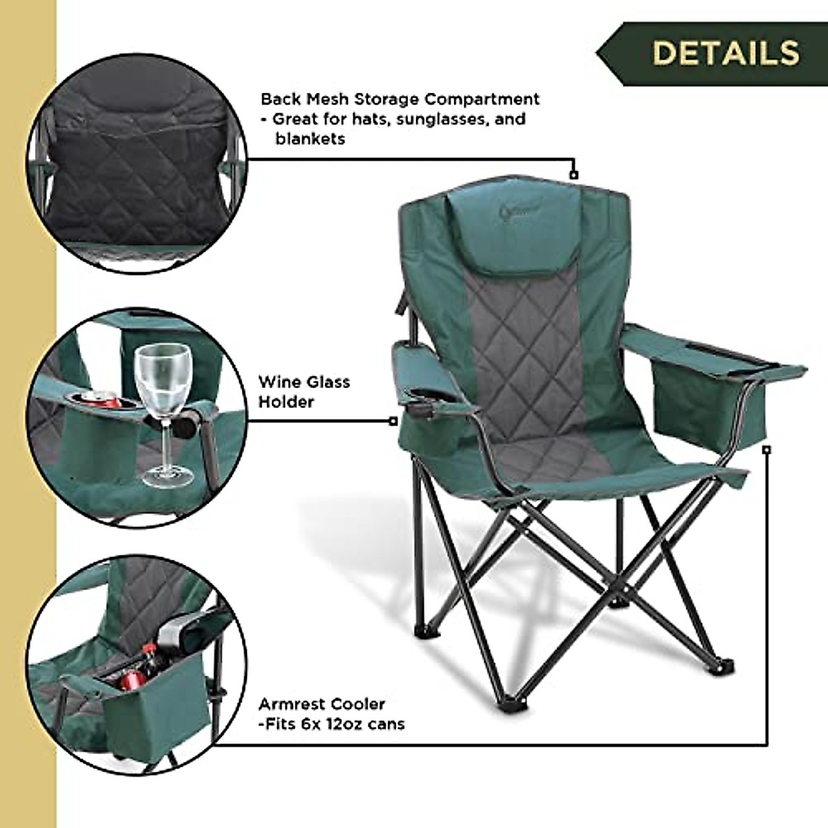 ARROWHEAD OUTDOOR Portable Folding Camping Quad Chair w/ 6-Can Cooler, Cup & Wine Glass Holders, Heavy-Duty Carrying Bag, Padded Armrests, Headrest & Seat, Supports up to 450lbs, USA-Based Support