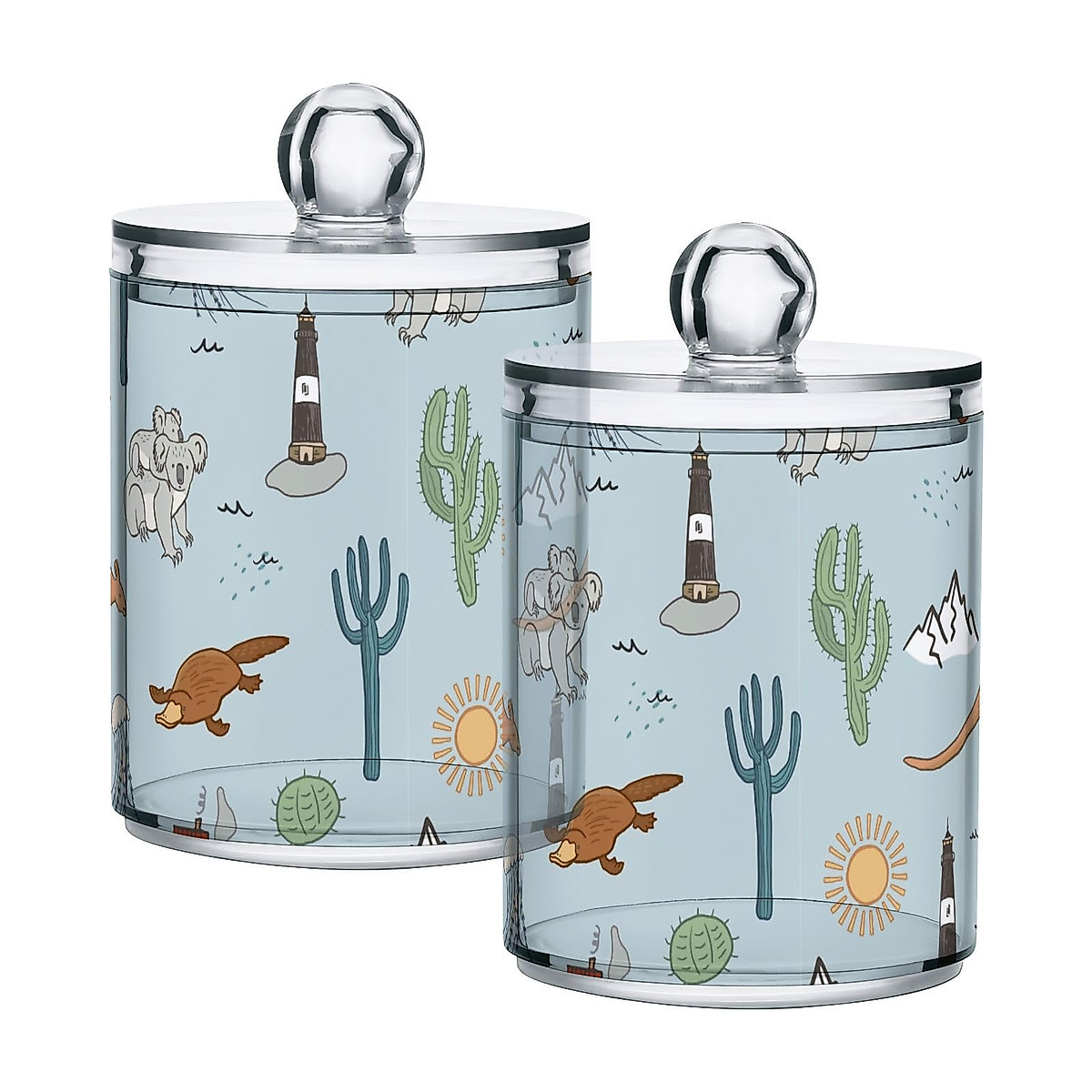Australia Kangaroo Platypus Qtip Holder Dispenser Animals Cactus Bathroom Canister Storage Organization 2 Pack Clear Plastic Apothecary Jars with Lids Vanity Makeup Organizer For Cotton Swab Ball F