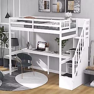 CITYLIGHT Twin Size Loft Bed with Stairs and Desk, Wood Twin Loft Bed with Storage Staircase, Kids High Loft Bed Twin for Girls, Boys, Bedroom, Dorm, No Box Spring Needed (Loft Bed Twin Size, White)