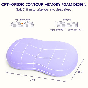 KEEPMOV Memory Foam Pillows - Cervical Neck Pillows for Pain Relief, Ergonomic Contour Pillow for Side Back Stomach Sleepers (Purple)