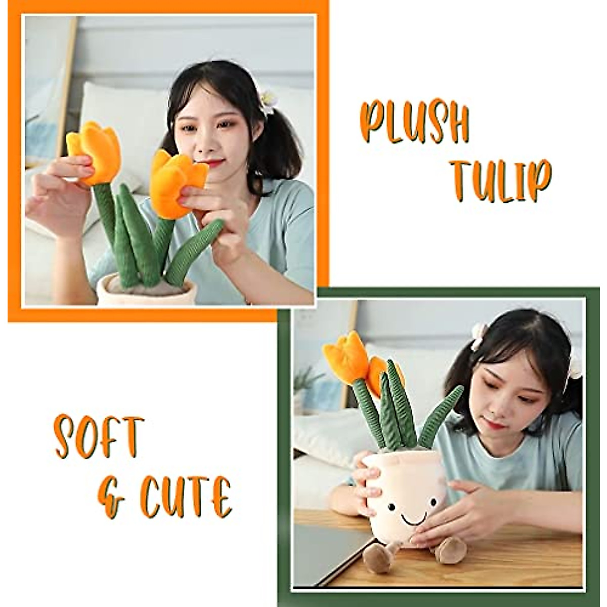 AULUDA Tulip Plush Toy, 13" Orange Flower Pot Stuffed Throw Plushie Pillow Doll, Soft Fluffy Plant Friend Hugging Cushion - Present for Every Age & Occasion