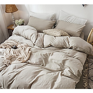 MooMee Bedding Duvet Cover Set 100% Washed Cotton Linen Like Textured Breathable Durable Soft Comfy (Tannish Linen Grey, King)