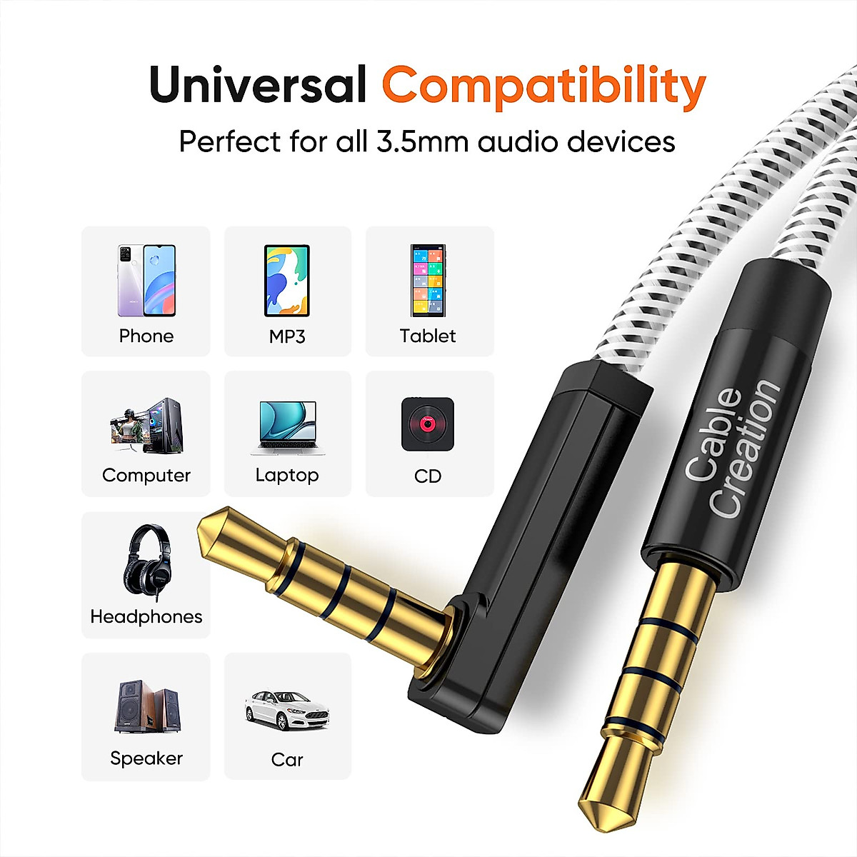 CableCreation 3.5mm TRRS Auxiliary Audio Cable 10FT/3M, 90 Degree Right Angle 4-Conductor Auxiliary Stereo Cable (Microphone) for Car Headphones,Speaker,Tablets,Laptops,Smart Phones, Black and White
