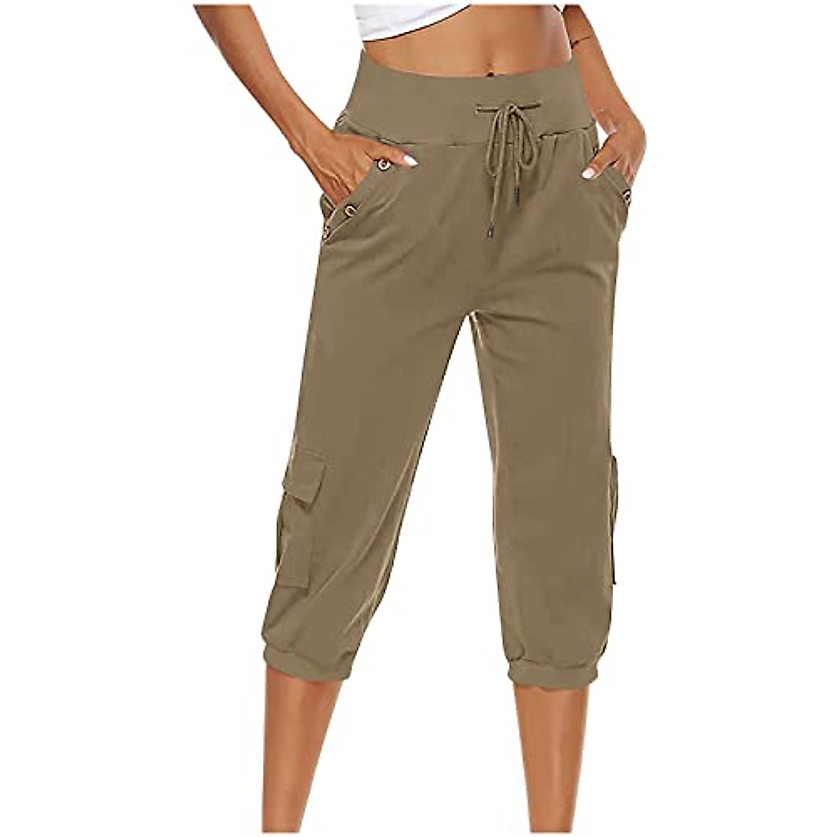 Today Deals Prime Clearance Capri Pants for Women Summer Casual Drawstring Lounge Linen Pants with Pockets Plus Size High Waist Straight Trousers Items Under 10 Dollars for Women Khaki XL