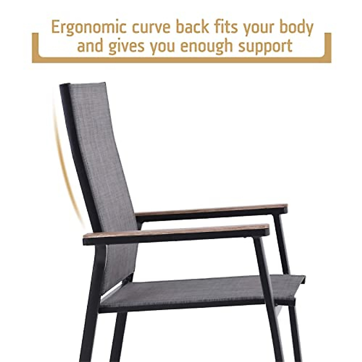 MFSTUDIO 2 PCS Aluminium Patio Dining Chairs Set,Textilene Outdoor Stackable Chairs with Wooden Armest for Garden, Poolside, Backyard,Grey