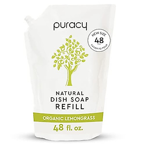 Puracy Natural Dish Soap Refill, Skin-Softening Plant-Based Liquid Dishwashing Detergent Soap, Clean-Rinsing Water-Sheeting Formula, (Organic Lemongrass 48 Oz)