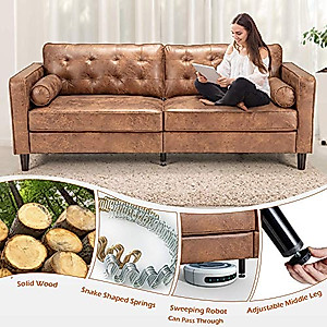 Esright 84.2”Mid-Century Sofa Couch,Tufted Synthetic Suede Fabric Modern Couch with 2 Bolster Pillows, Sofas Couches for Living Room,Apartment,Dorm & Office,Saddle Brown