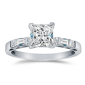 Size 8.5 - Solid 14k White Gold CZ Cubic Zirconia Bridal Engagement Ring w/Matching Wedding Band Two Ring Set - Princess Cut Solitaire with Baguette Side Stones (1.75cttw., 1.0ct. Center)