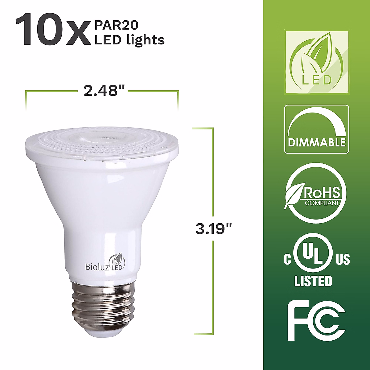 Bioluz LED 10 Pack PAR20 LED Bulb 90 CRI 5.5W = 75W Replacement Spot Light Bulb 3000K Soft White, E26, 40 Degree Beam Angle, UL Listed & Title 20