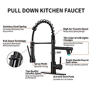 KZH Kitchen Sink Faucet with Pull Down Sprayer,Single Handle Two Spout Kitchen Faucets with LED Light,Matte Black,Stainless Stee