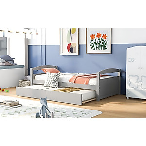 RITSU Twin Daybed Frame with Trundle, Wooden Day Bed for Living Room, Kids Twin Size Platform Bed with Headboard and Footboard for Boys Girls Teens, No Box Spring Needed,Twin Size,Grey