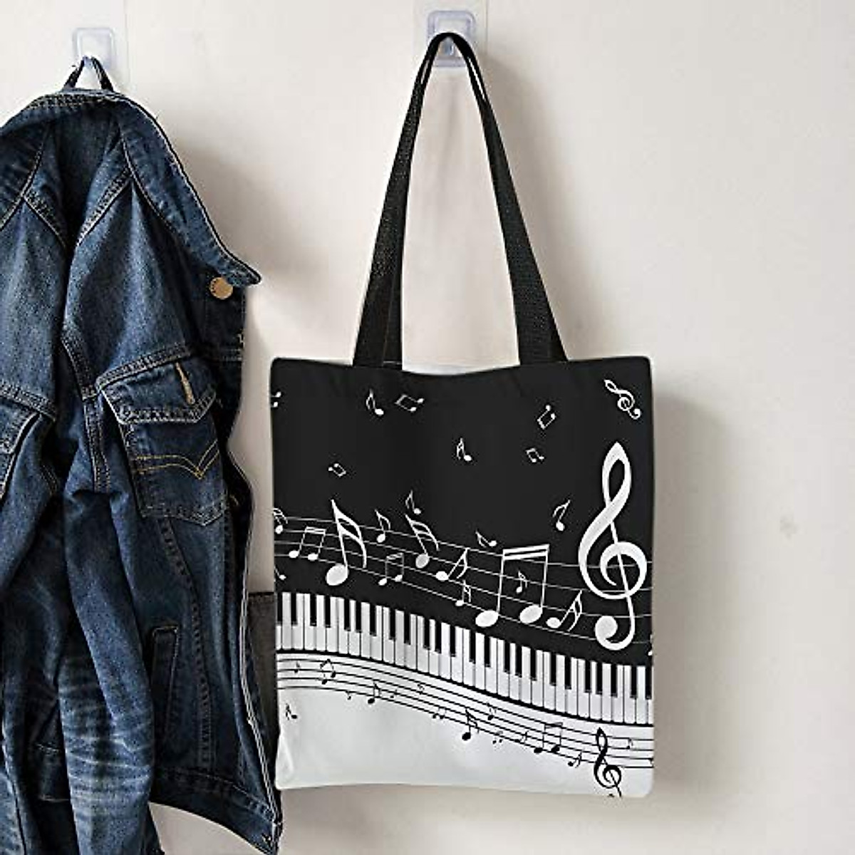 Moslion Music Note Canvas Bags Piano Keys Musical Keyboard Black White Tote Bags Laptop Bags Large Bulk Reusable for Women Men Work Study 15x16 Inch
