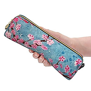 Cherry Blossom Sakura Leather Pencil Case Bag with Zipper Women Makeup Bag Durable Portable Suitable for School Work and Office 8.3 x 2.2 In