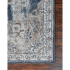 Unique Loom Chateau Collection Vintage, Distressed, Medallion, Rustic, Traditional Area Rug, 9' 0" x 12' 0", Beige/Navy Blue