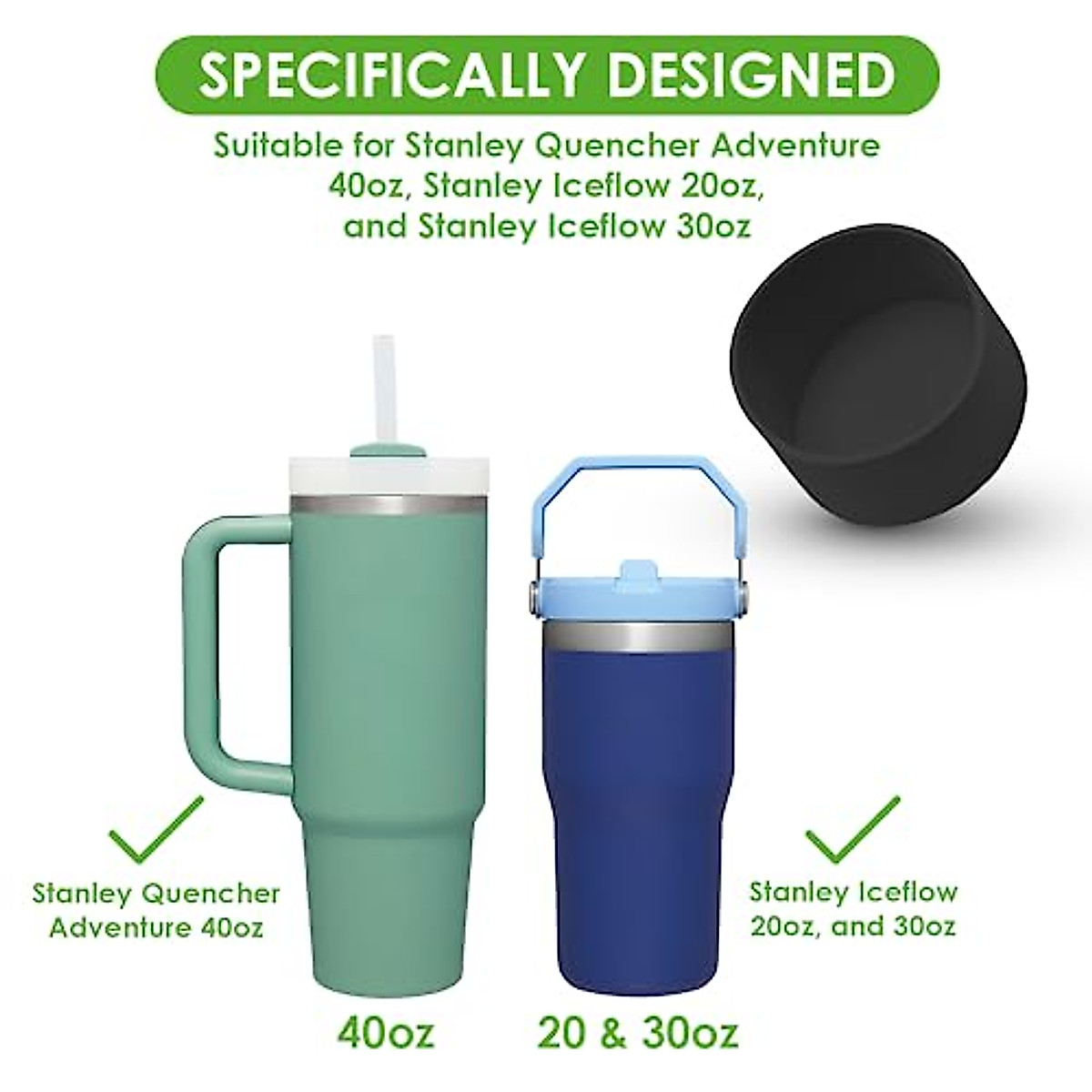 Elevate 2 Pcs Silicone Boot for Stanley Quencher 40oz, 30oz Tumbler with Handle and Stanley IceFlow 20oz, Anti-Slip Protective Water Bottle Bottom Cover for Hydro Sport Flask Bottle 12oz-24oz (Black)