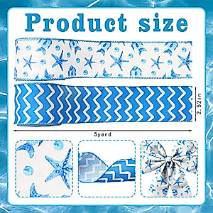 Hying 2 Rolls Summer Starfish Ribbons Wired for Wreath Bows Wrapping Gifts, Beach Sea Waves Ribbon for Gift Wrapping Birthday Party Decoration DIY Crafts 2.5" X 10 Yards Blue Wave Wired Edge Ribbon